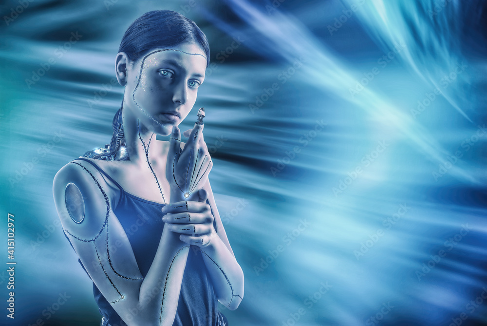 Cyborg girl on an abstract blue background with glowing seams and ...