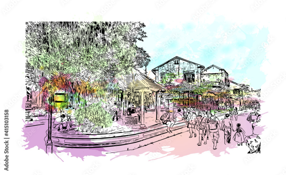 Building view with landmark of Hoi An is a city on Vietnam. Watercolour ...