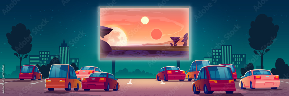 Outdoor cinema, drive-in movie theater with cars on open air parking ...