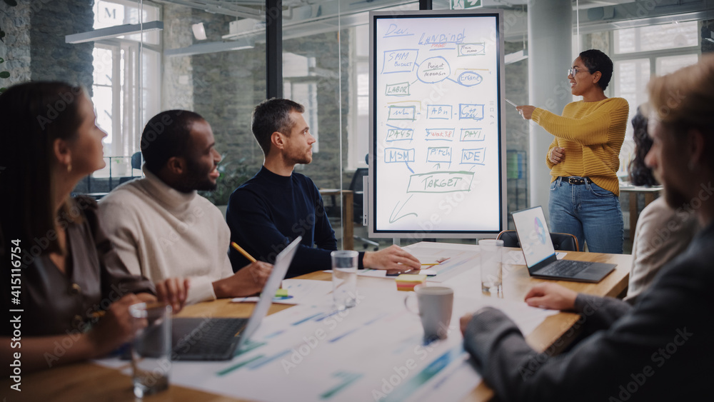 Project Manager Makes a Presentation for a Young Diverse Creative Team ...