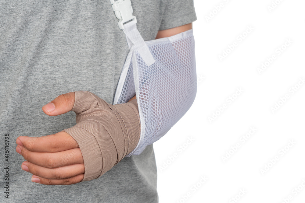 Close up hand with bandage isolate on white background as man arm ...