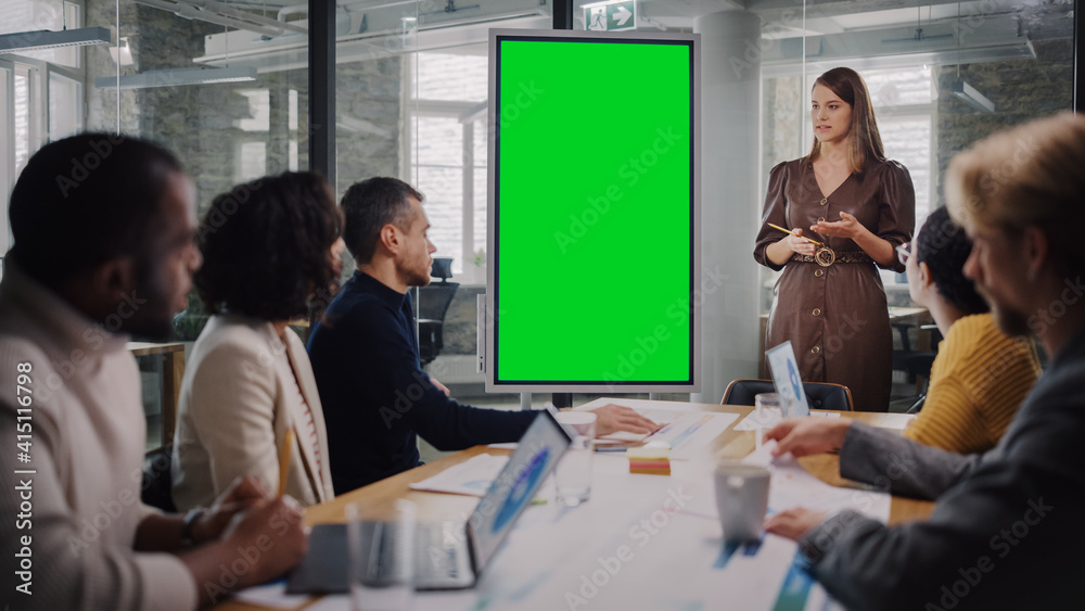Project Manager Makes a Presentation on a Green Screen Mock Up Display ...