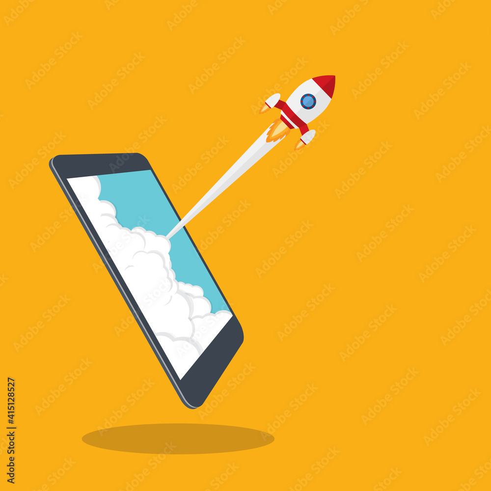 App launch. Startup vector concept, flat cartoon rocket or rocketship ...