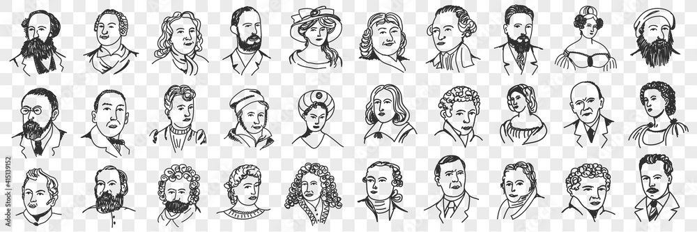 Portraits of middles ages people doodle set. Collection of hand drawn ...