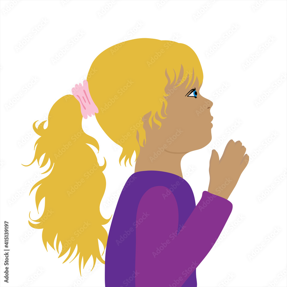Vector illustration of praying child by profile. Symbol of girl ...
