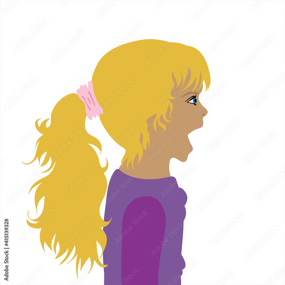 Vector illustration of crying child by profile. Symbol of girl and ...