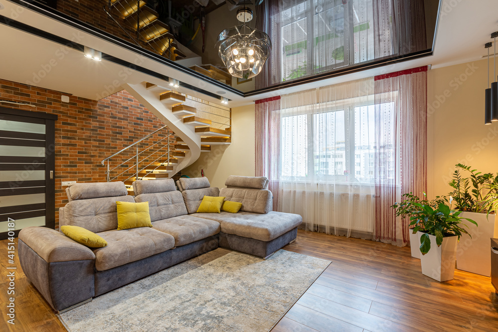 large living room, in a modern luxury style, with large windows and ...