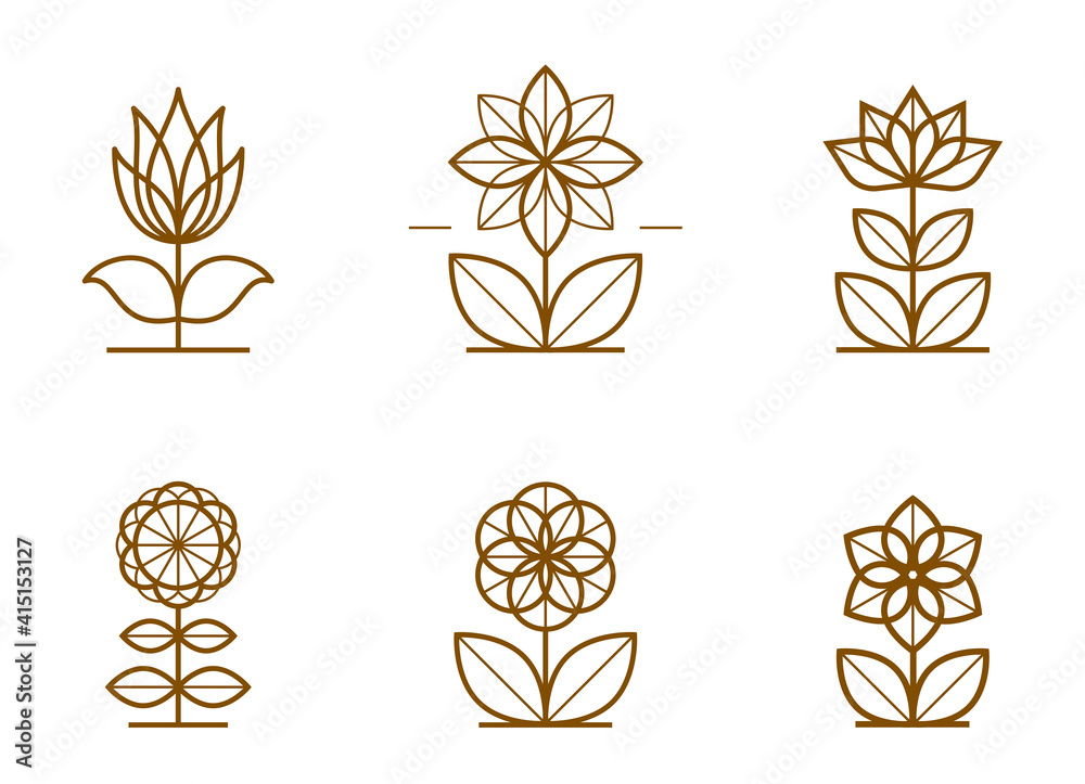 Geometric linear style vector flower logos or emblems set, sacred ...