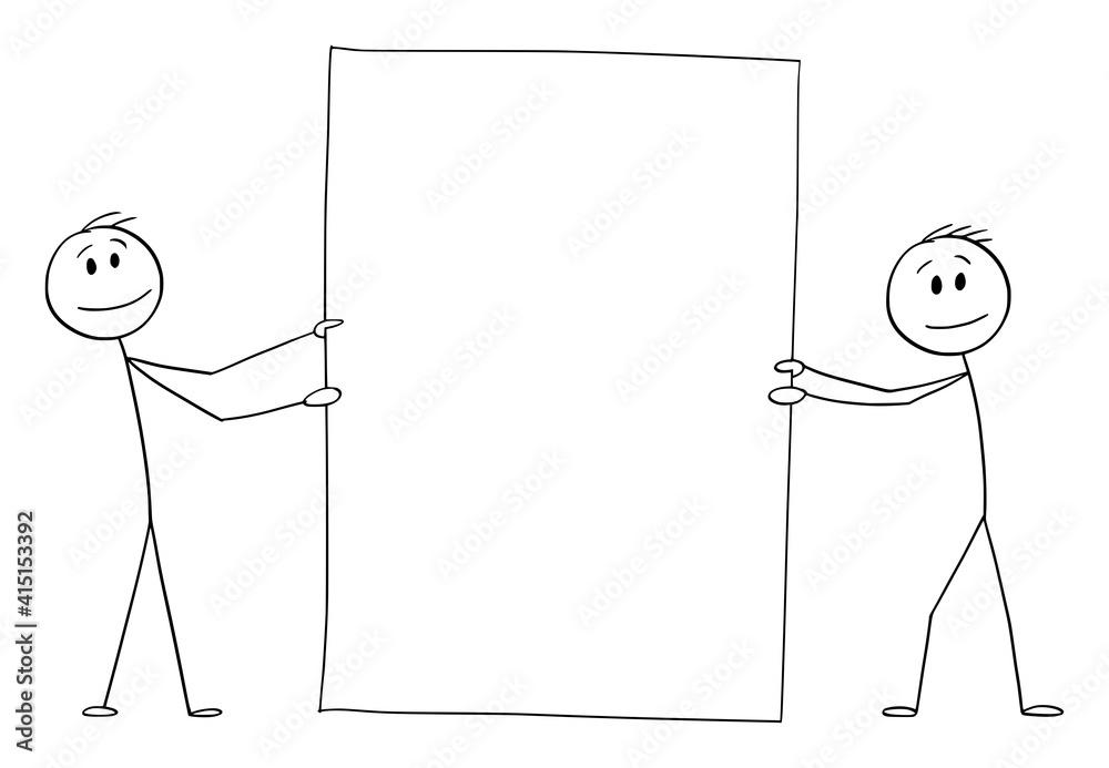Two men or businessmen holding empty paper, vector cartoon stick figure ...