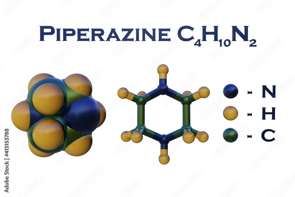 Structural chemical formula and molecular model of piperazine, an ...