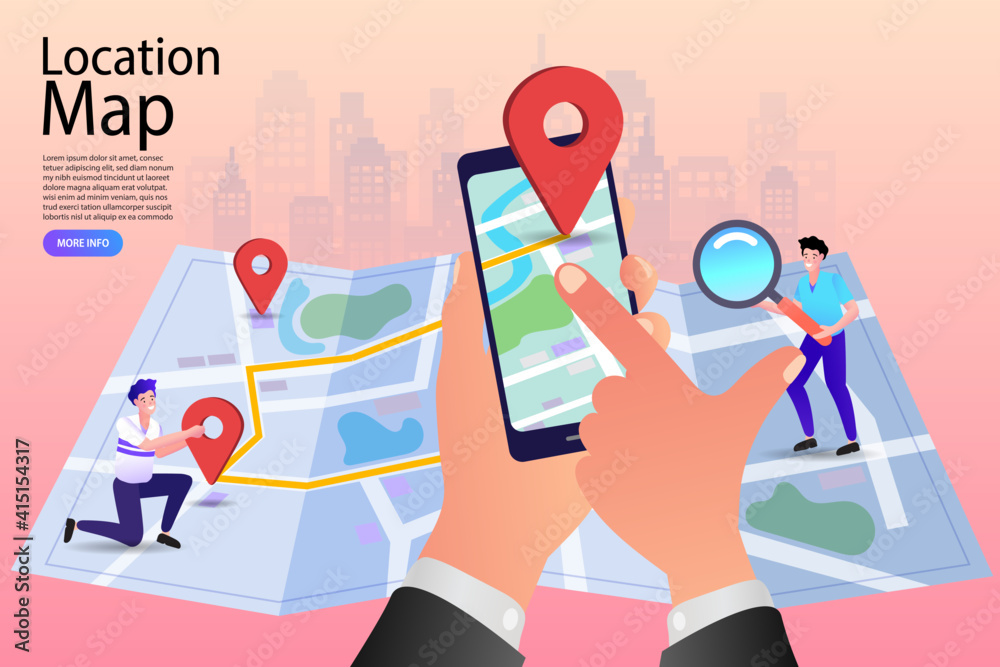 Huge city map, smartphone with location map and micro characters taking ...