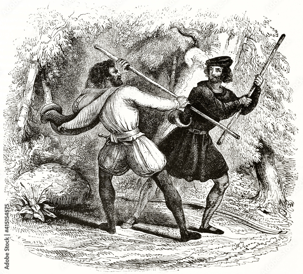 Robin Hood (wearing black) stick fighting against the Tanner outdoor in ...