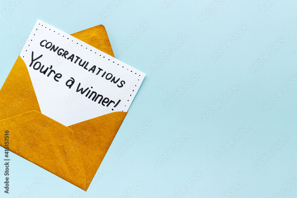 Golden envelope with award card Congratulations You are a winner ...