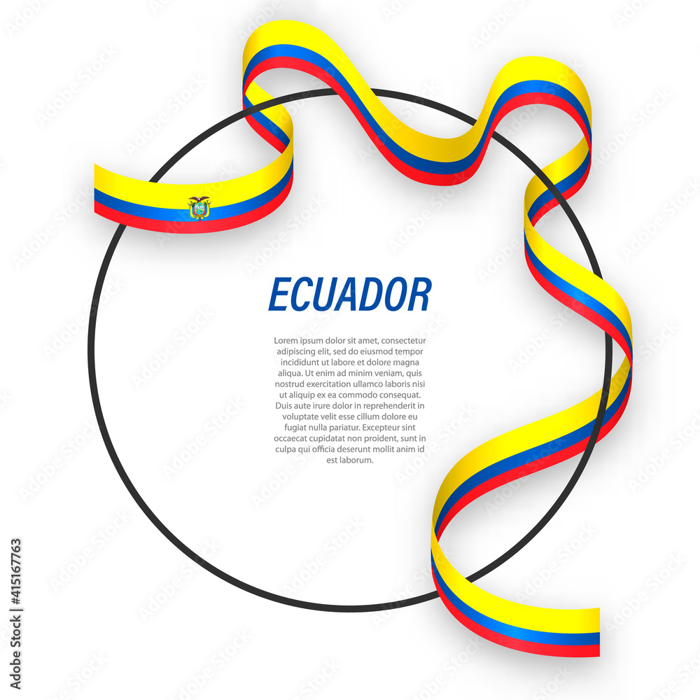 Waving ribbon flag of Ecuador on circle frame. Template for ...