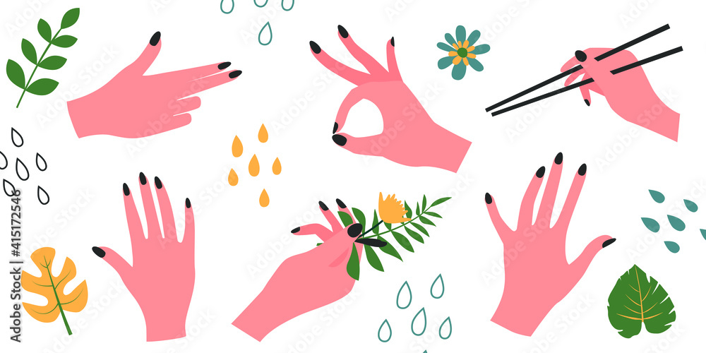 Female vector set, woman's hands with manicure. Palm gestures and ...