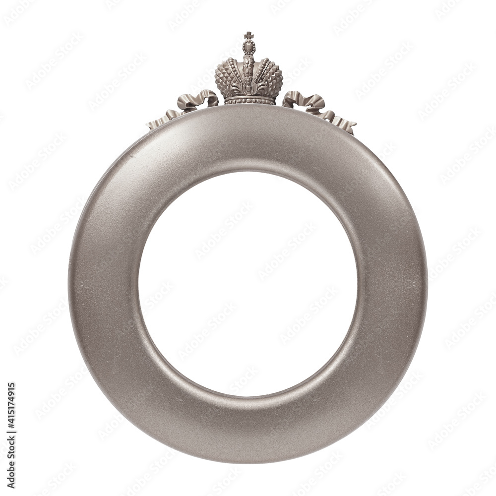 Silver round frame with crown for paintings, mirrors or photo isolated ...