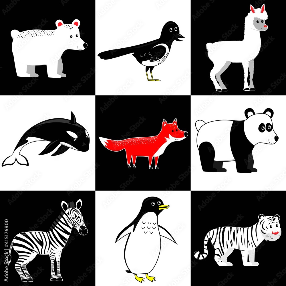 Funny Cartoon Collection of animals in contrasting colors(black and ...