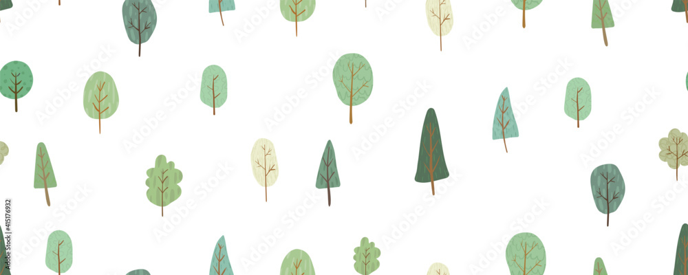 Seamless green pattern with different trees. Hand drawn nature ...