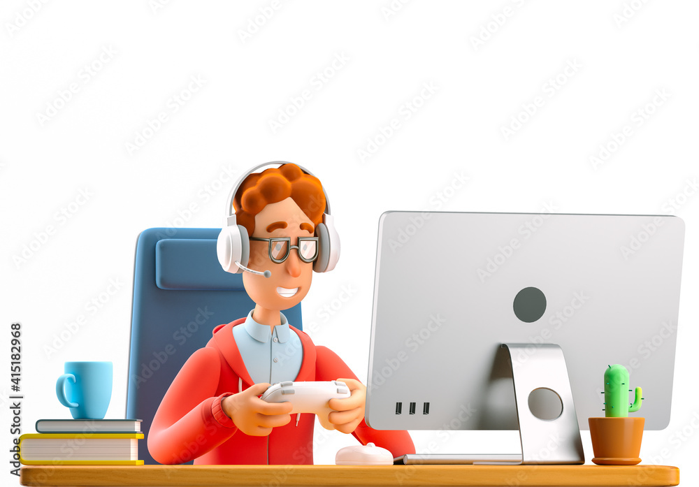 Nerd Larry plays video games on the computer. 3d illustration. Stock ...