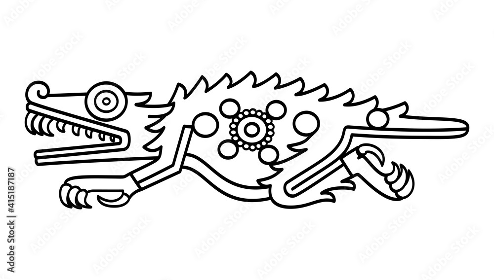 Aztec crocodile symbol, black and white illustration. Depicted in Codex ...