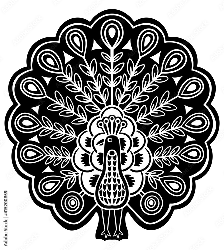 Stylized ink drawing of peacock, aztec or maya native american ...
