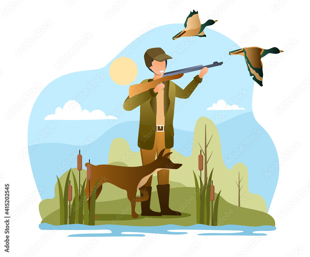 Male hunter with dog is trying to shoot ducks. Concept of duck hunting ...