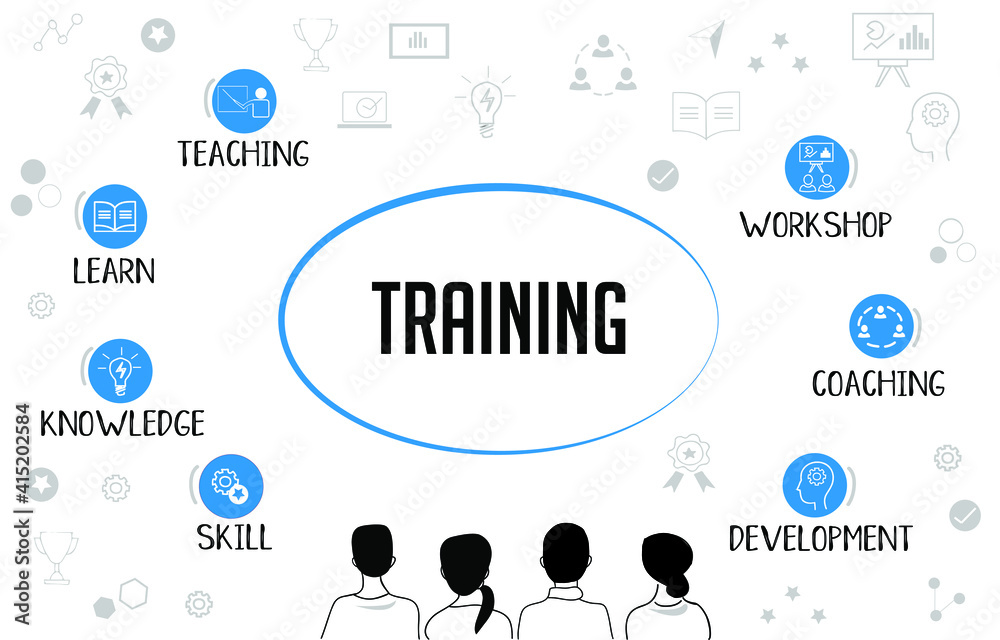 Training concept mind map with icons and keywords. Flat blue color ...