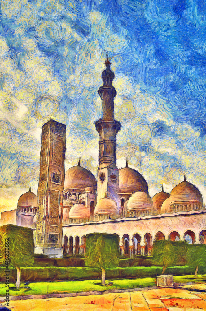 Póster Sheikh Zayed Grand Mosque in Abu Dhabi, UAE, impressionist oil ...