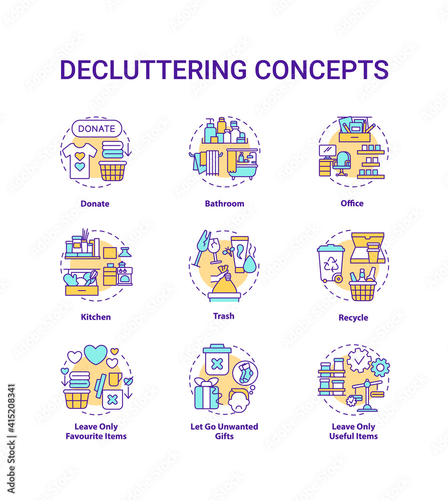 Decluttering concept icons set. Donate and recycle idea thin line RGB ...