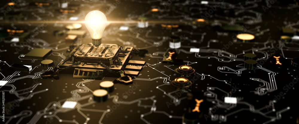 Conceptual light bulb over a modern computer processor on a circuit ...