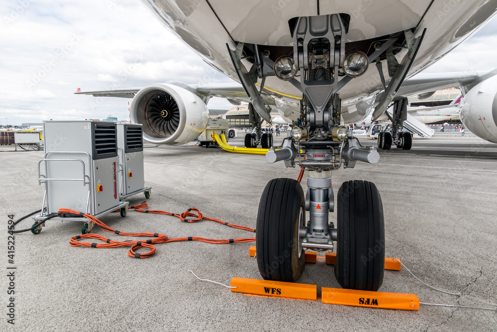 Nose landing gear on an Airbus A330 passenger plane. Le Bourget, France ...