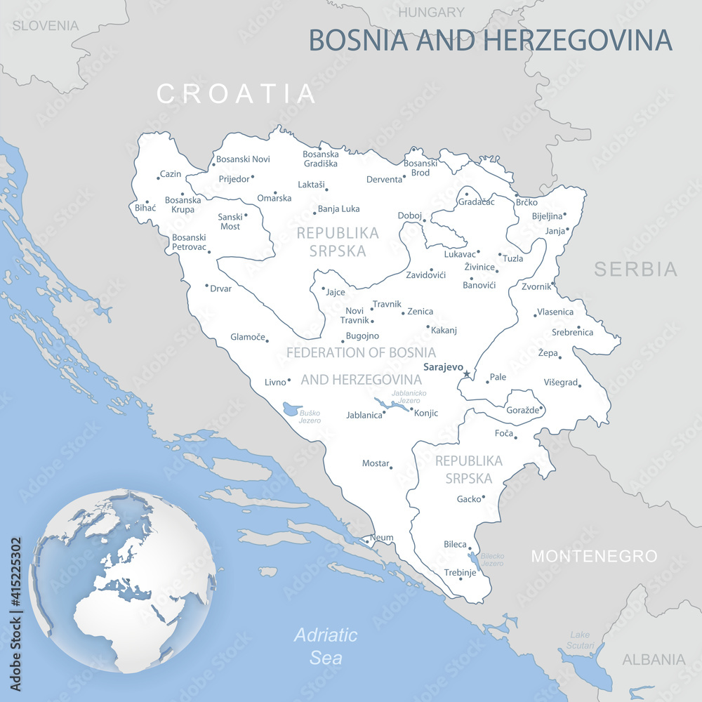 Blue-gray detailed map of Bosnia and Herzegovina administrative ...