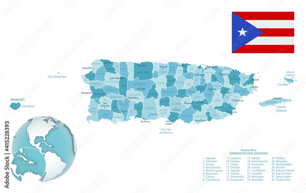 Puerto Rico administrative blue-green map with country flag and ...