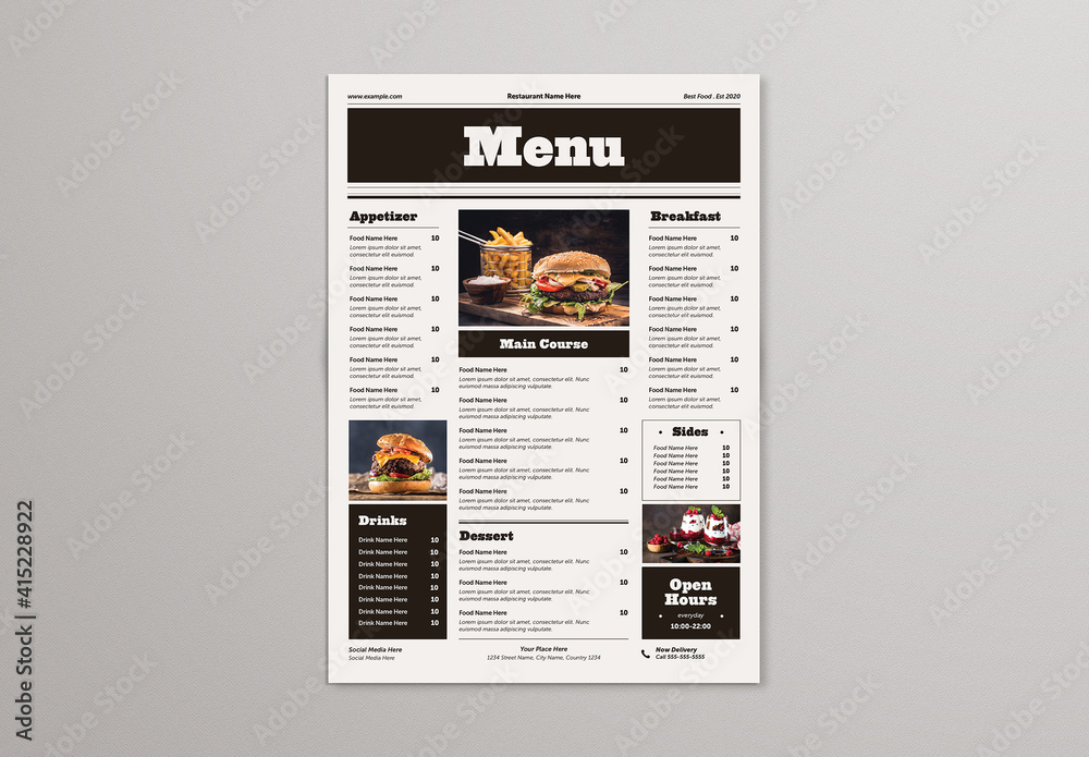 Newspaper Style Food Menu Stock Template | Adobe Stock