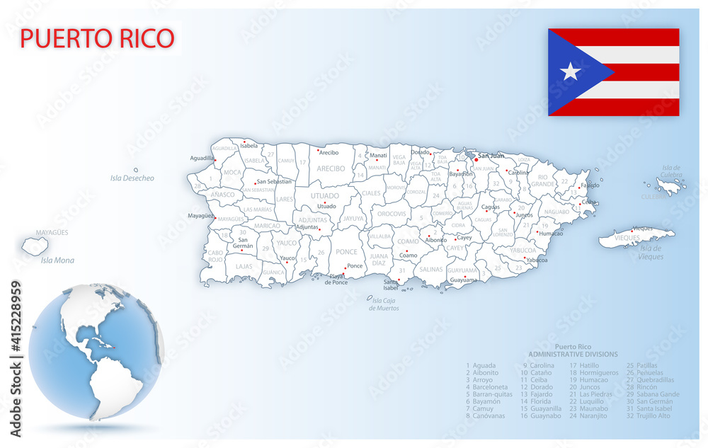 Detailed Puerto Rico administrative map with country flag and location ...