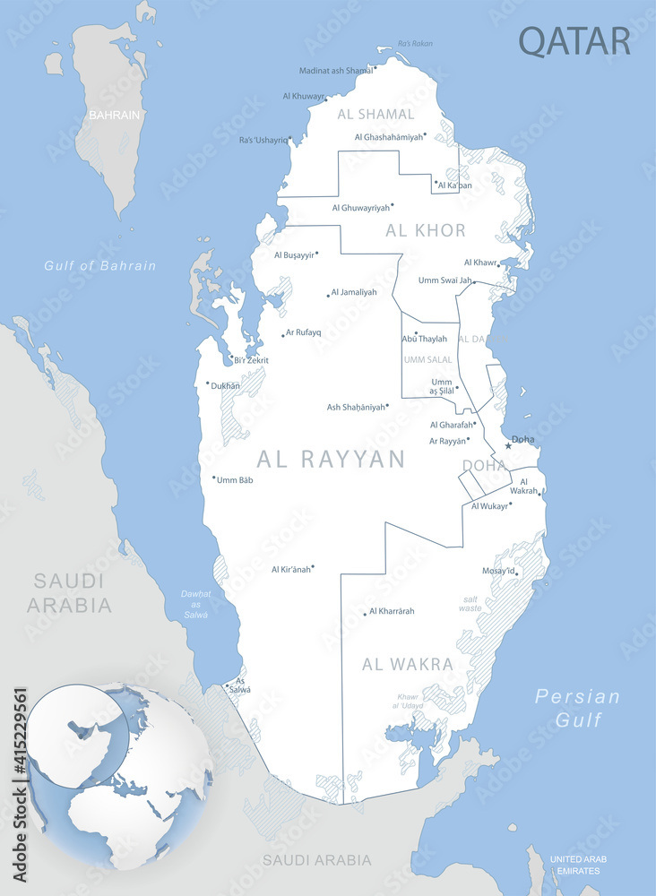 Blue-gray detailed map of Qatar administrative divisions and location ...