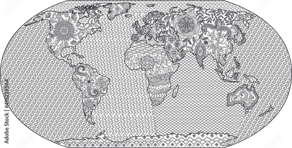 Coloring page of world map for adult antistress coloring book Stock ...