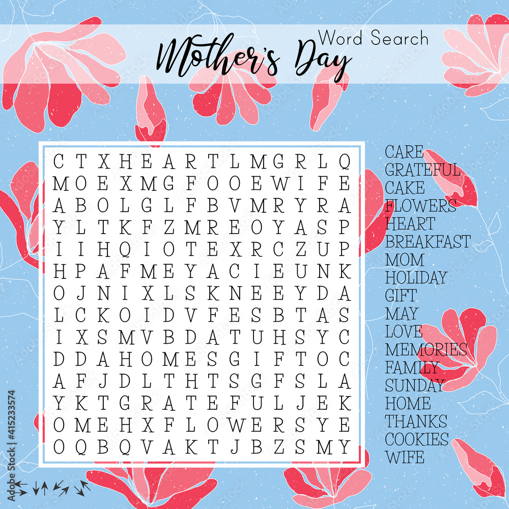 Mother's Day word search puzzle. Educational game for kids. Spring ...
