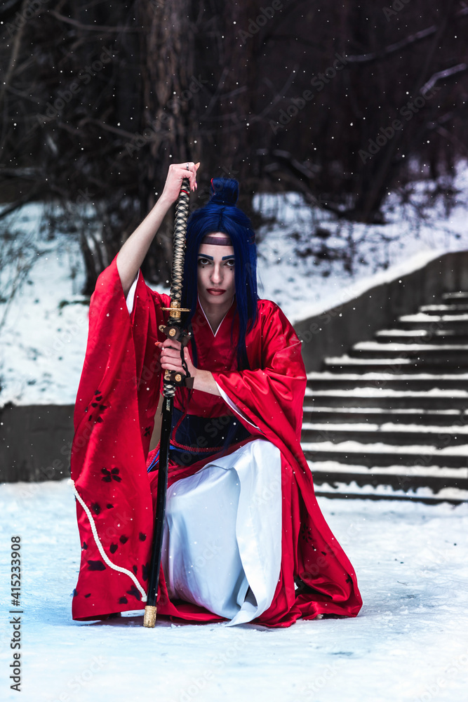 Cosplay geisha in red kimono in anime style Stock Photo | Adobe Stock