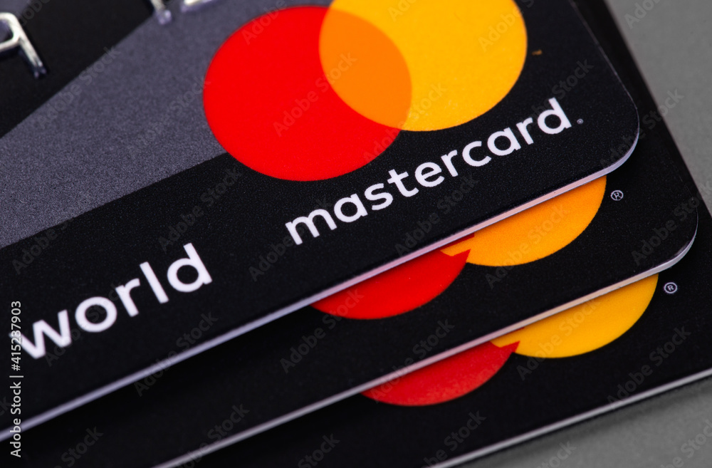 MasterCard plastic electronic, credit cards closeup, logo macro. Master ...