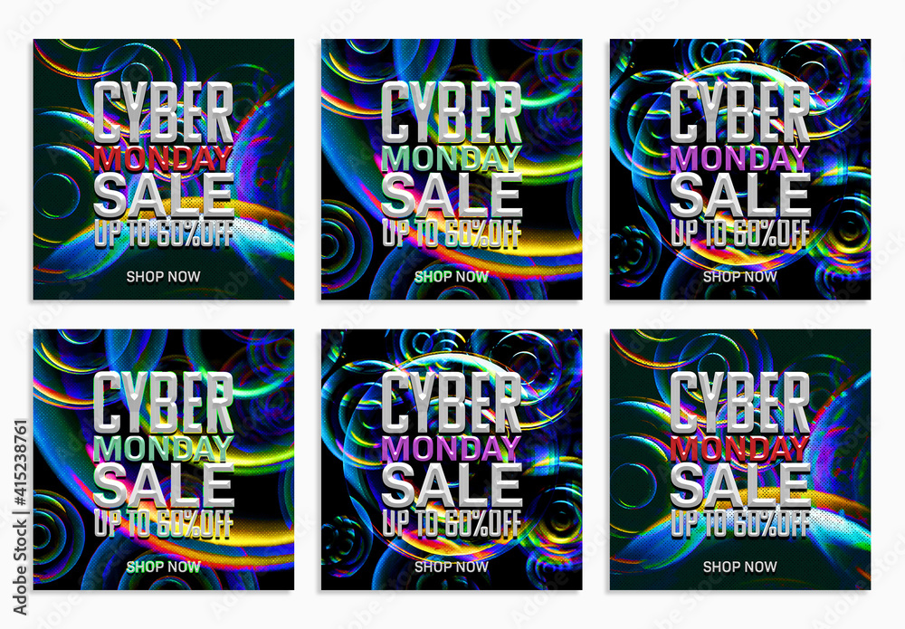 Set of Sale Square Banner Design Layout with Abstract Iridescent ...