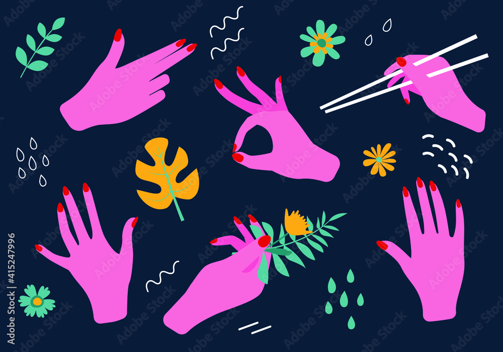 Female vector set, woman's hands with manicure. Palm gestures and ...