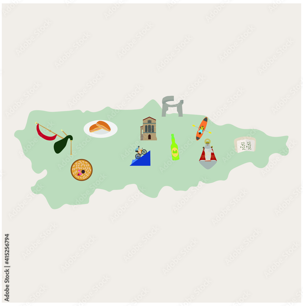 Map of the community of Asturias in Spain with monuments or places of ...
