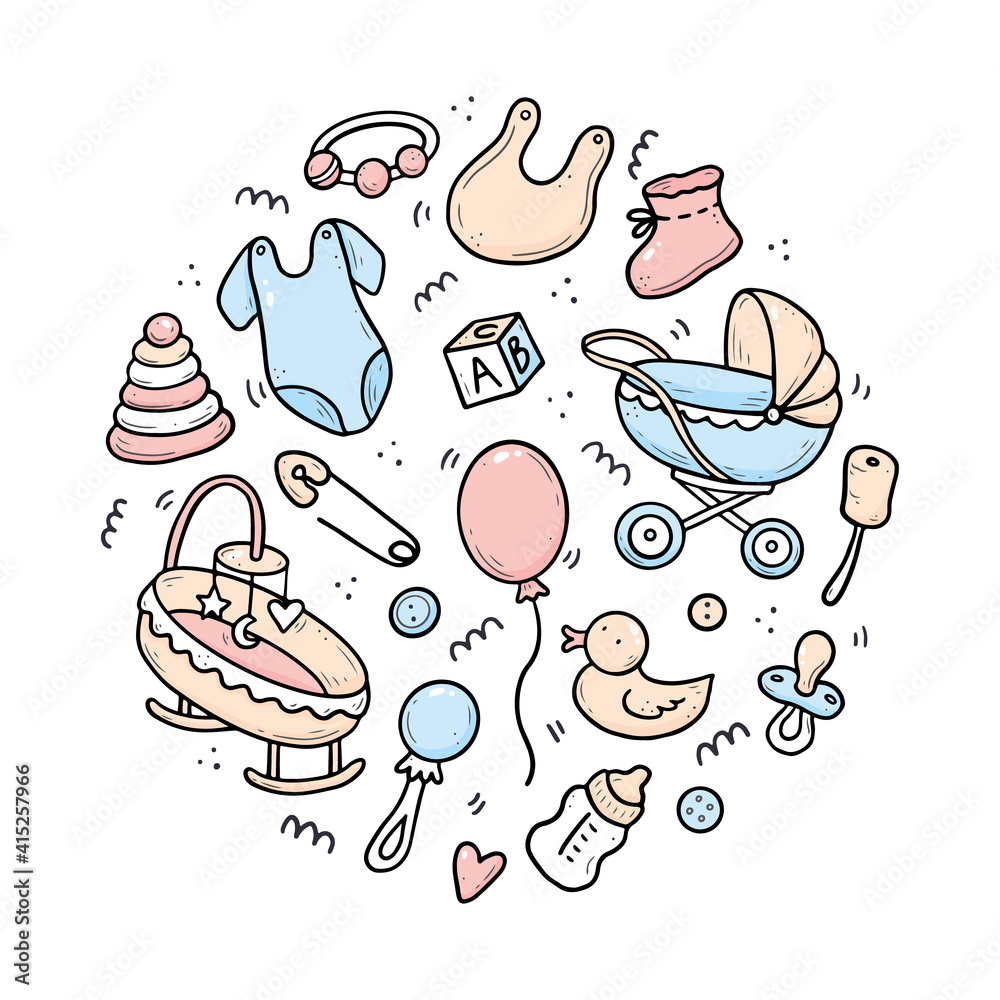 Hand drawn set of baby shower things, toy, rattle, milk bootle, clothes ...