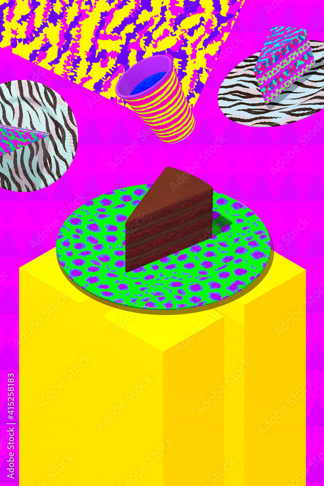 Minimal food geometry in details. 3d render scene chocolate cake in ...