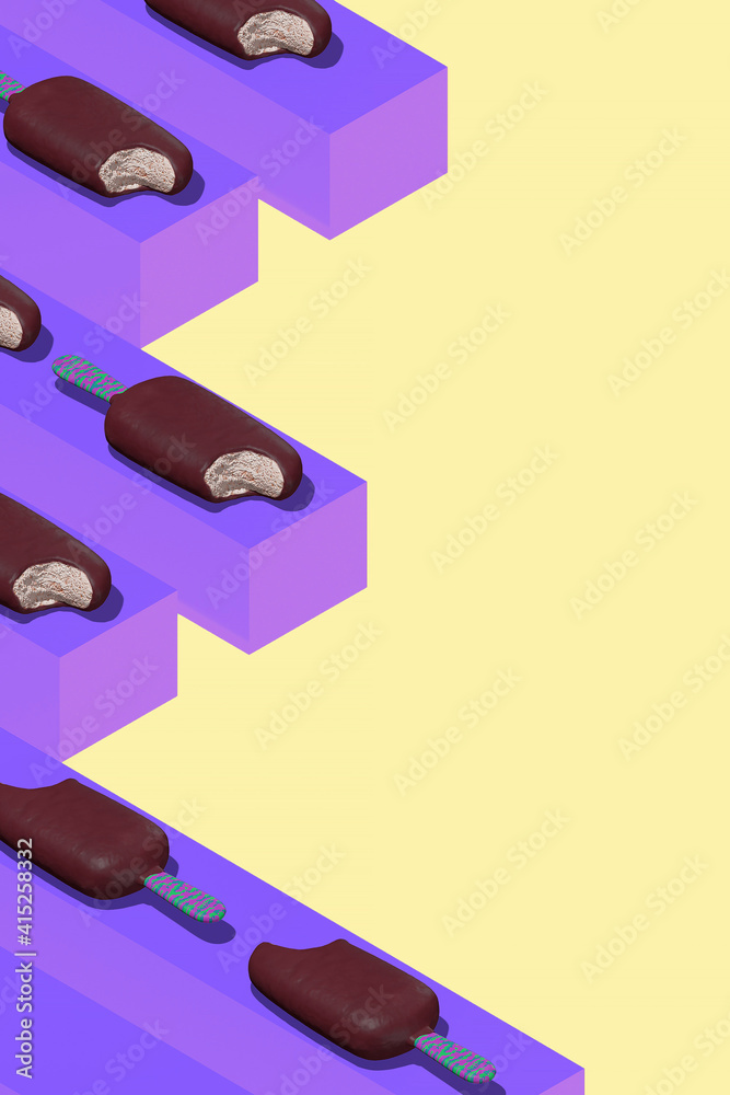 Minimal food geometry in details. 3d render scene chocolate ice-cream ...