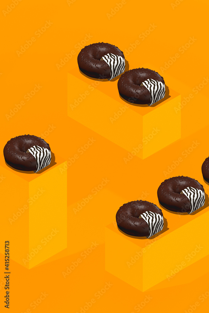 Minimal food geometry in details. 3d render scene chocolate donuts set ...