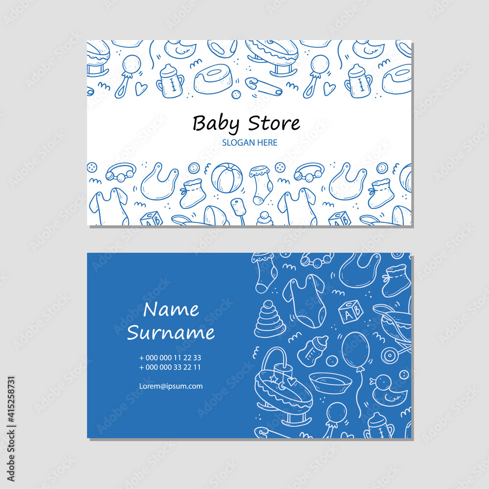Hand drawn visit card with baby things, toy, rattle, milk bootle ...