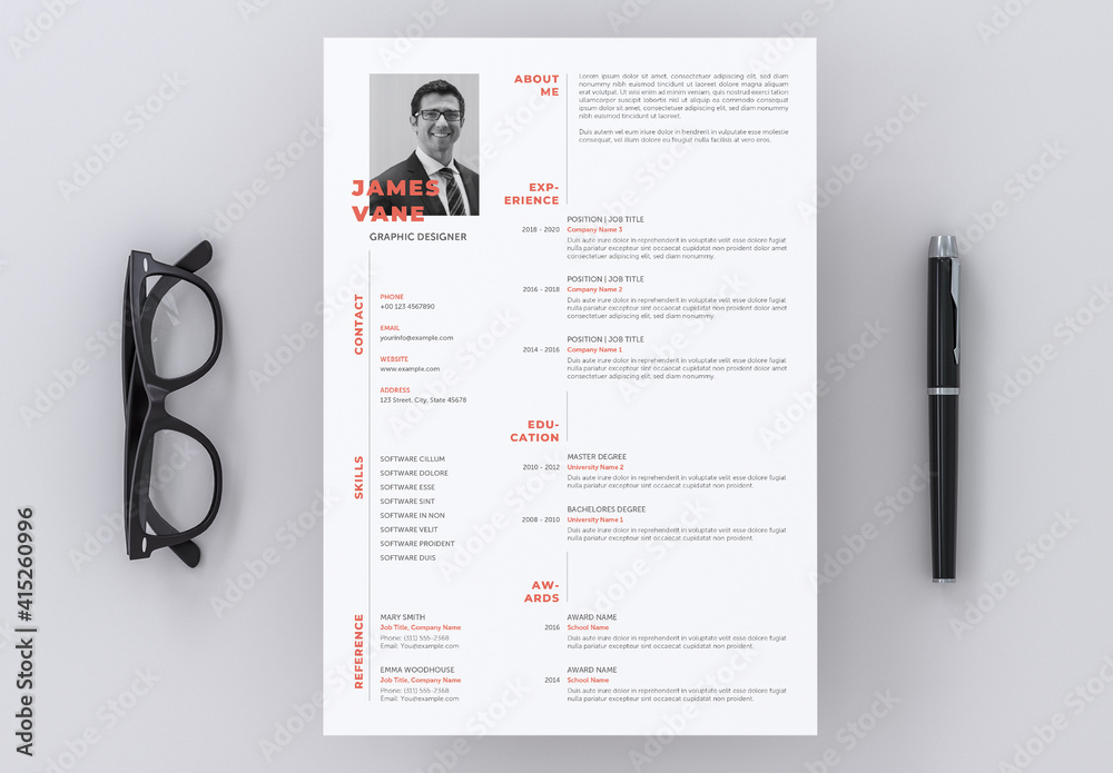 Resume Layout with Red Accents Stock Template | Adobe Stock
