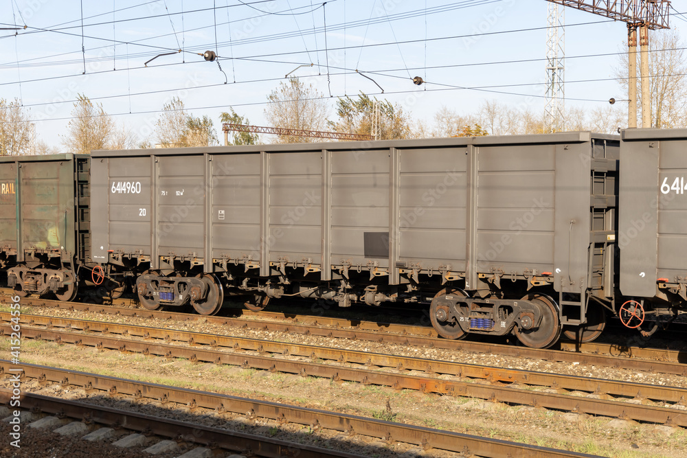 Side view of new open high-sided wagon. Rail freight transport Stock ...